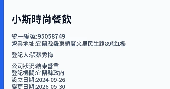 小斯時尚餐飲的照片-統編 95058749(宜蘭縣) 公司登記資料與營業項目詳細圖表