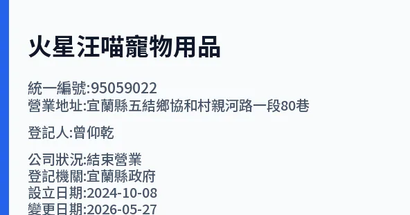 火星汪喵寵物用品的照片-統編 95059022(宜蘭縣) 公司登記資料與營業項目詳細圖表