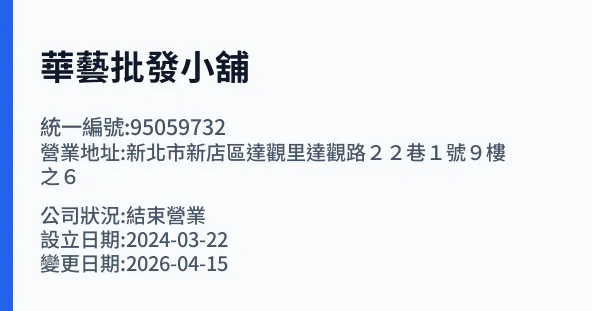華藝批發小舖的照片-統編 95059732(新北市) 公司登記資料與營業項目詳細圖表