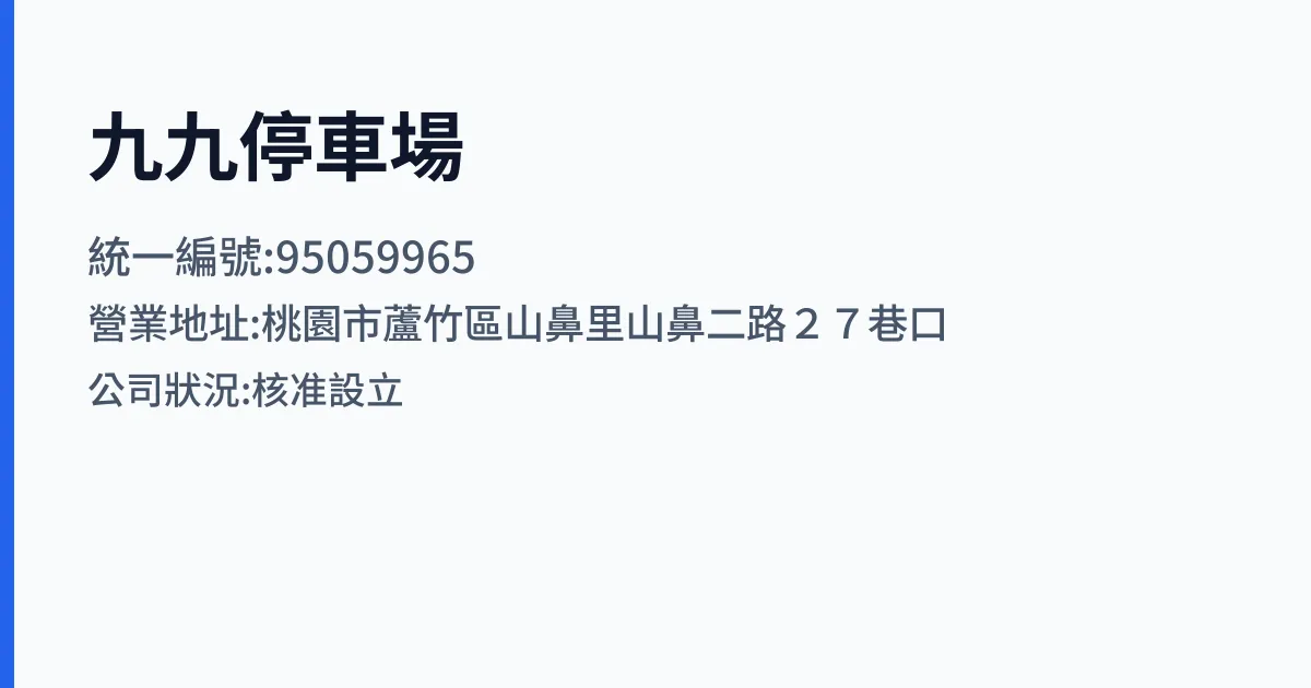 九九停車場 - 統編 95059965(桃園市) 公司登記資料與營業項目詳細圖表