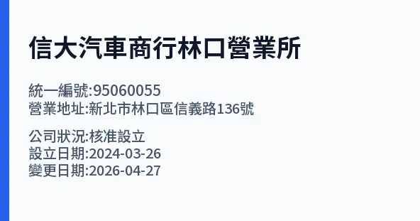信大汽車商行林口營業所的照片-統編 95060055(新北市) 公司登記資料與營業項目詳細圖表