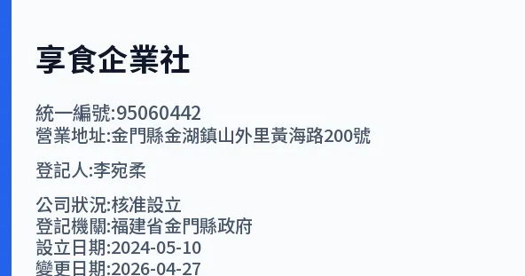 享食企業社的照片-統編 95060442(金門縣) 公司登記資料與營業項目詳細圖表