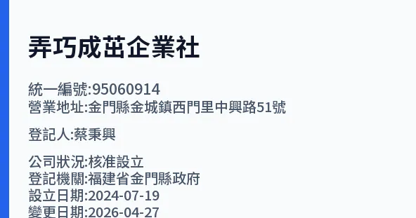 弄巧成茁企業社的照片-統編 95060914(金門縣) 公司登記資料與營業項目詳細圖表