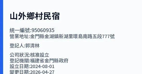 山外鄉村民宿的照片-統編 95060935(金門縣) 公司登記資料與營業項目詳細圖表