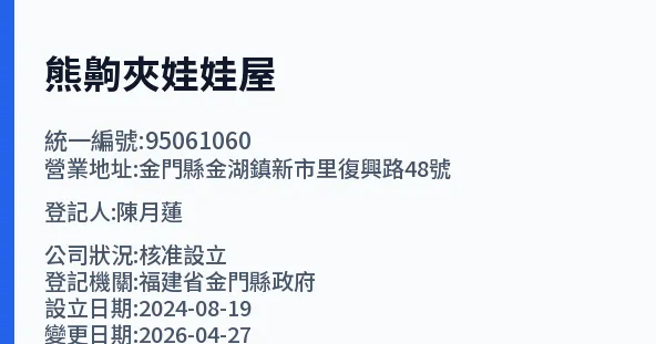熊齁夾娃娃屋的照片-統編 95061060(金門縣) 公司登記資料與營業項目詳細圖表