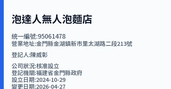 泡達人無人泡麵店的照片-統編 95061478(金門縣) 公司登記資料與營業項目詳細圖表