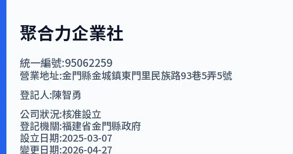聚合力企業社的照片-統編 95062259(金門縣) 公司登記資料與營業項目詳細圖表