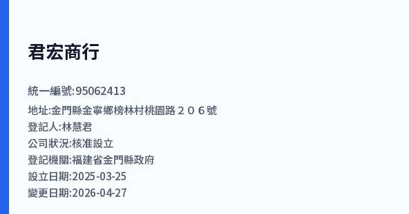 君宏商行的照片-統編 95062413(金門縣) 公司登記資料與營業項目詳細圖表