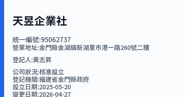 天昱企業社的照片-統編 95062737(金門縣) 公司登記資料與營業項目詳細圖表