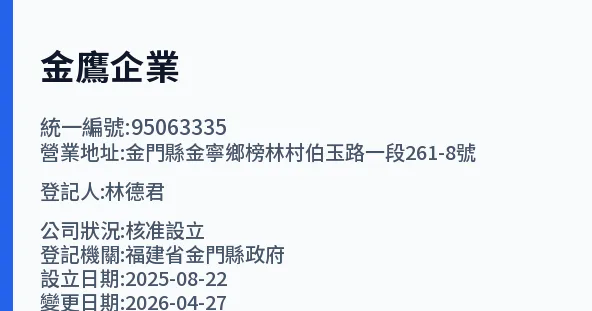 金鷹企業的照片-統編 95063335(金門縣) 公司登記資料與營業項目詳細圖表