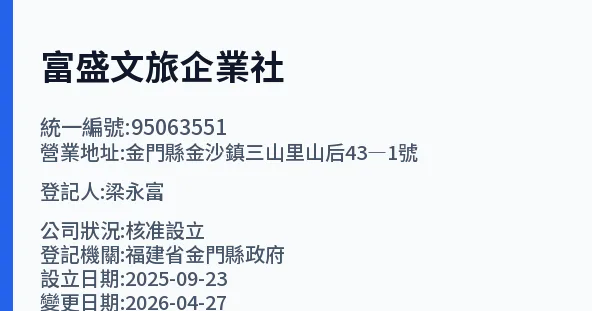 富盛文旅企業社的照片-統編 95063551(金門縣) 公司登記資料與營業項目詳細圖表