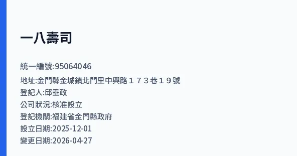 一八壽司的照片-統編 95064046(金門縣) 公司登記資料與營業項目詳細圖表