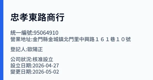 忠孝東路商行的照片-統編 95064910(金門縣) 公司登記資料與營業項目詳細圖表
