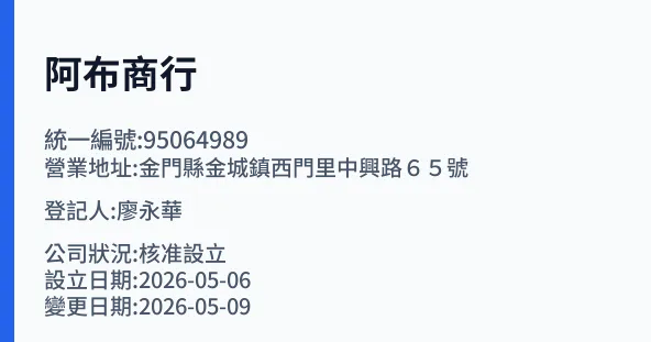 阿布商行的照片-統編 95064989(金門縣) 公司登記資料與營業項目詳細圖表