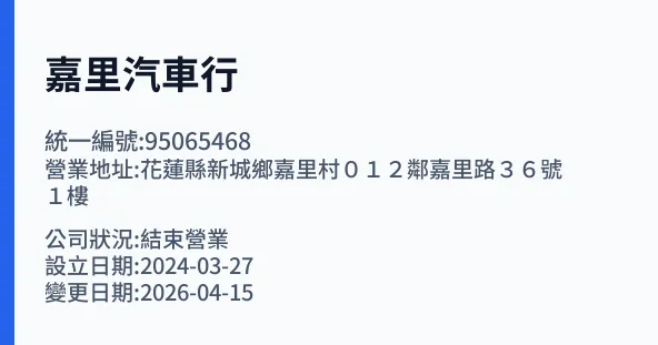 嘉里汽車行的照片-統編 95065468(花蓮縣) 公司登記資料與營業項目詳細圖表