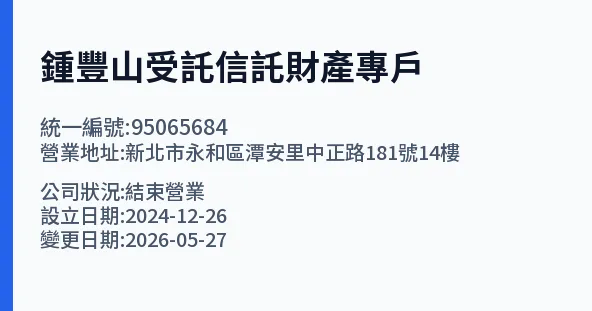 鍾豐山受託信託財產專戶的照片-統編 95065684(新北市) 公司登記資料與營業項目詳細圖表