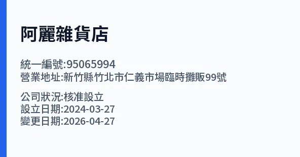 阿麗雜貨店的照片-統編 95065994(新竹縣) 公司登記資料與營業項目詳細圖表