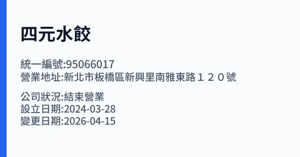 四元水餃的照片-統編 95066017(新北市) 公司登記資料與營業項目詳細圖表