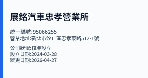 展銘汽車忠孝營業所的照片-統編 95066255(新北市) 公司登記資料與營業項目詳細圖表