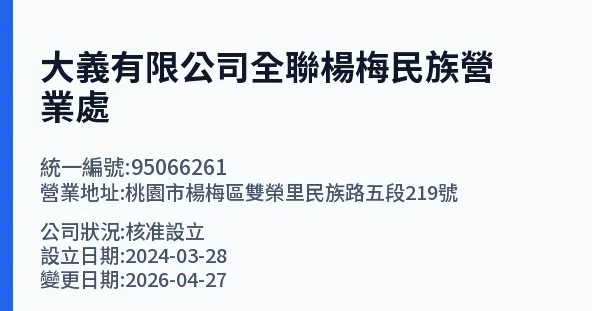 大義有限公司全聯楊梅民族營業處的照片-統編 95066261(桃園市) 公司登記資料與營業項目詳細圖表