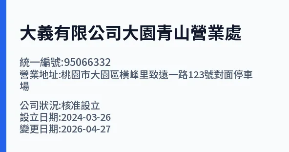 大義有限公司大園青山營業處的照片-統編 95066332(桃園市) 公司登記資料與營業項目詳細圖表