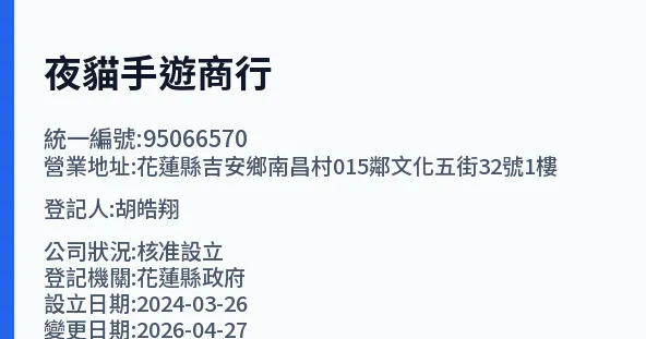 夜貓手遊商行的照片-統編 95066570(花蓮縣) 公司登記資料與營業項目詳細圖表