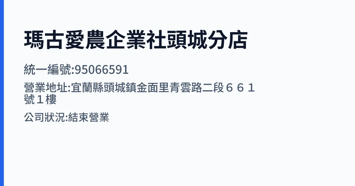 瑪古愛農企業社頭城分店 - 統編 95066591(宜蘭縣) 公司登記資料與營業項目詳細圖表