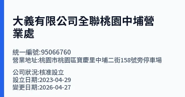 大義有限公司全聯桃園中埔營業處的照片-統編 95066760(桃園市) 公司登記資料與營業項目詳細圖表