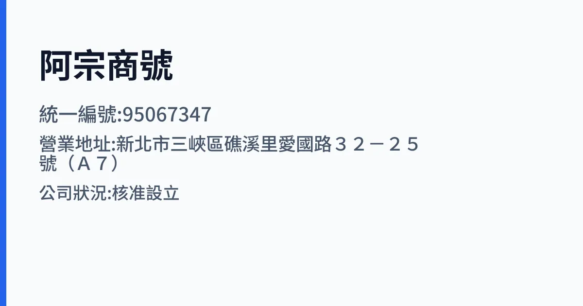 阿宗商號 - 統編 95067347 (新北市) 公司登記資料與營業項目詳細圖表