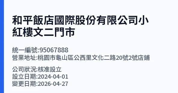 和平飯店國際股份有限公司小紅樓文二門市的照片-統編 95067888(桃園市) 公司登記資料與營業項目詳細圖表