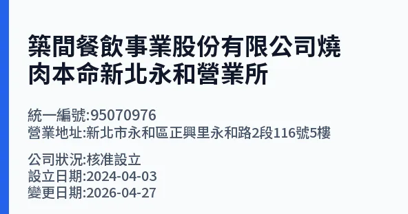 築間餐飲事業股份有限公司燒肉本命新北永和營業所的照片-統編 95070976(新北市) 公司登記資料與營業項目詳細圖表