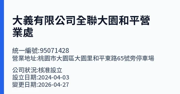 大義有限公司全聯大園和平營業處的照片-統編 95071428(桃園市) 公司登記資料與營業項目詳細圖表