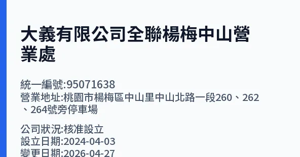 大義有限公司全聯楊梅中山營業處的照片-統編 95071638(桃園市) 公司登記資料與營業項目詳細圖表