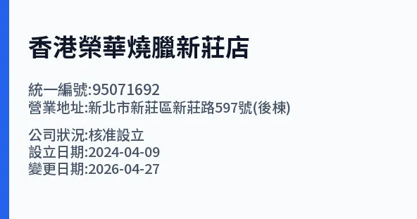 香港榮華燒臘新莊店的照片-統編 95071692(新北市) 公司登記資料與營業項目詳細圖表