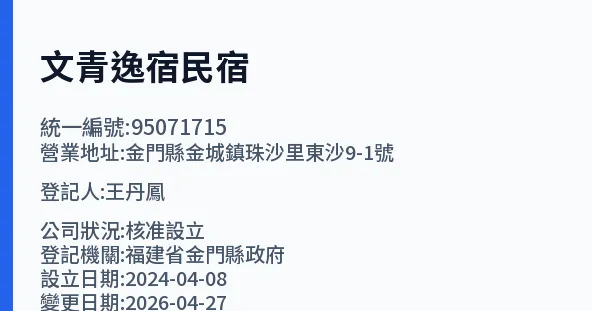 文青逸宿民宿的照片-統編 95071715(金門縣) 公司登記資料與營業項目詳細圖表