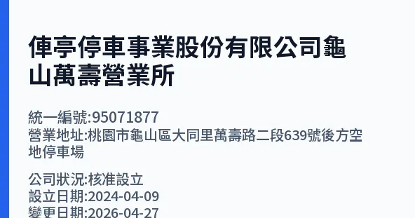 俥亭停車事業股份有限公司龜山萬壽營業所的照片-統編 95071877(桃園市) 公司登記資料與營業項目詳細圖表