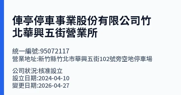 俥亭停車事業股份有限公司竹北華興五街營業所的照片-統編 95072117(新竹縣) 公司登記資料與營業項目詳細圖表