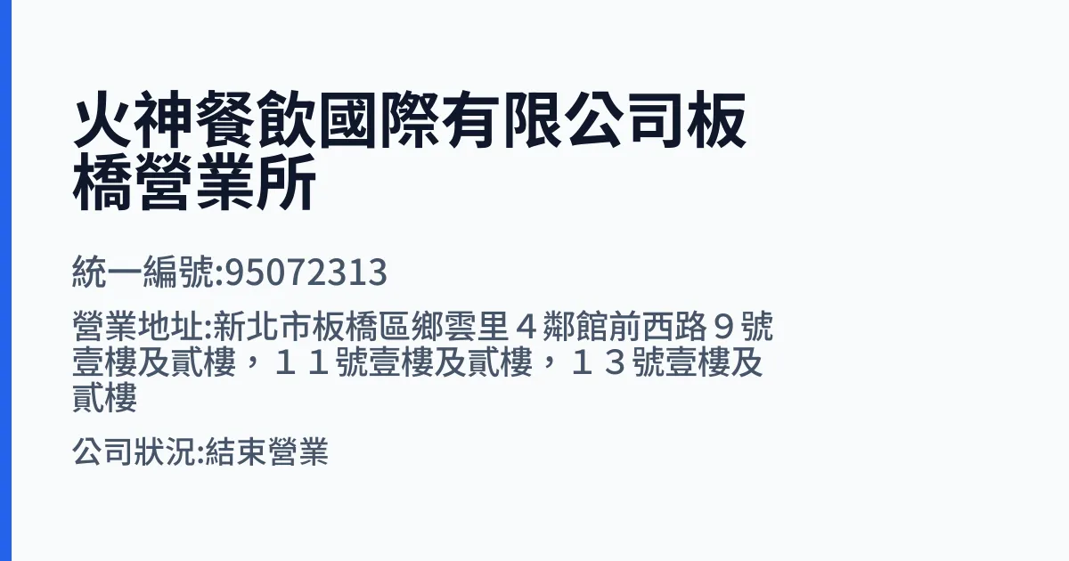 火神餐飲國際有限公司板橋營業所 - 統編 95072313(新北市) 公司登記資料與營業項目詳細圖表