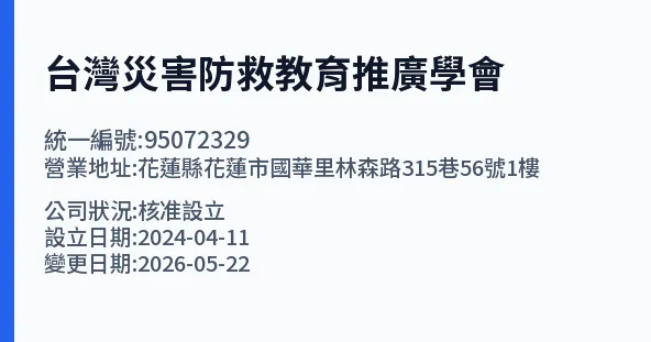 台灣災害防救教育推廣學會的照片-統編 95072329(花蓮縣) 公司登記資料與營業項目詳細圖表