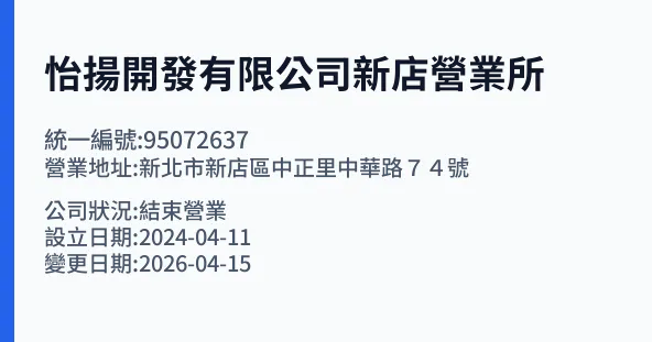 怡揚開發有限公司新店營業所的照片-統編 95072637(新北市) 公司登記資料與營業項目詳細圖表