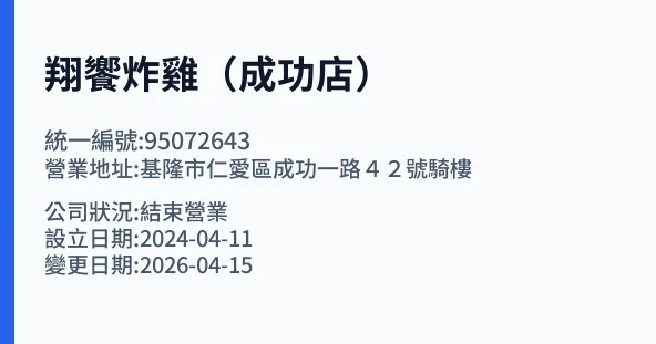 翔饗炸雞（成功店）的照片-統編 95072643(基隆市) 公司登記資料與營業項目詳細圖表