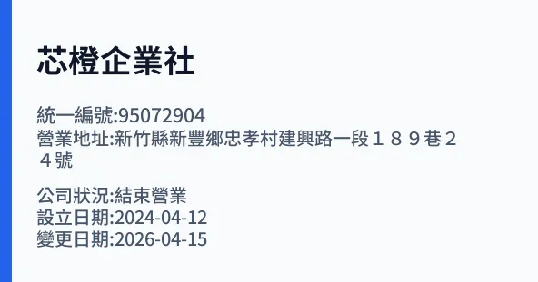 芯橙企業社的照片-統編 95072904(新竹縣) 公司登記資料與營業項目詳細圖表