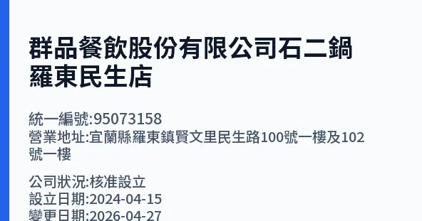 群品餐飲股份有限公司石二鍋羅東民生店的照片-統編 95073158(宜蘭縣) 公司登記資料與營業項目詳細圖表
