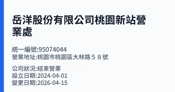 岳洋股份有限公司桃園新站營業處的照片-統編 95074044(桃園市) 公司登記資料與營業項目詳細圖表