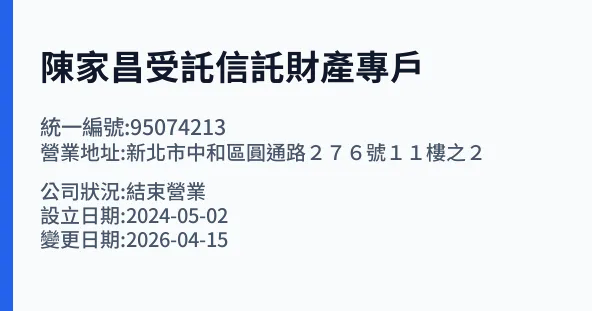 陳家昌受託信託財產專戶的照片-統編 95074213(新北市) 公司登記資料與營業項目詳細圖表