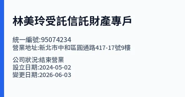 林美玲受託信託財產專戶的照片-統編 95074234(新北市) 公司登記資料與營業項目詳細圖表
