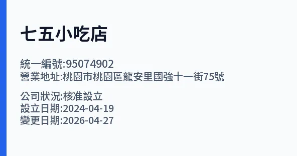 七五小吃店的照片-統編 95074902(桃園市) 公司登記資料與營業項目詳細圖表