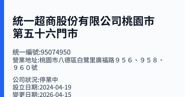 統一超商股份有限公司桃園市第五十六門市的照片-統編 95074950(桃園市) 公司登記資料與營業項目詳細圖表