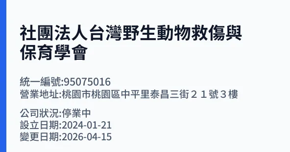社團法人台灣野生動物救傷與保育學會的照片-統編 95075016(桃園市) 公司登記資料與營業項目詳細圖表