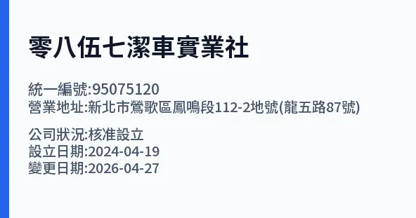 零八伍七潔車實業社的照片-統編 95075120(新北市) 公司登記資料與營業項目詳細圖表